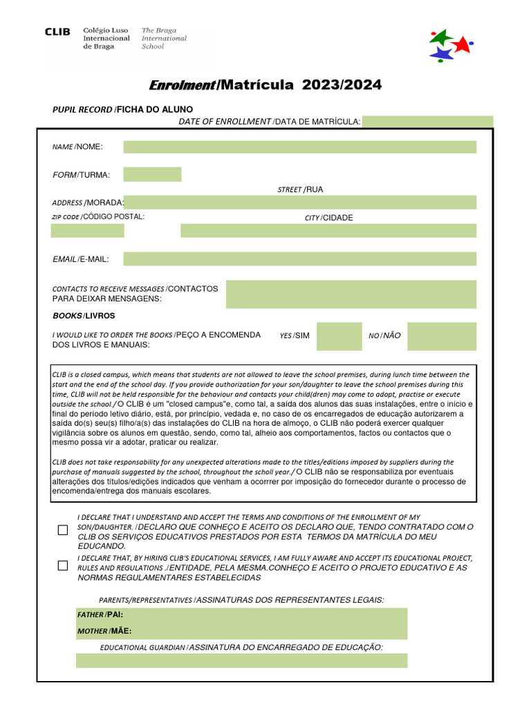Formulário de Matrícula Enrollment Form 2023 2024 | PDF