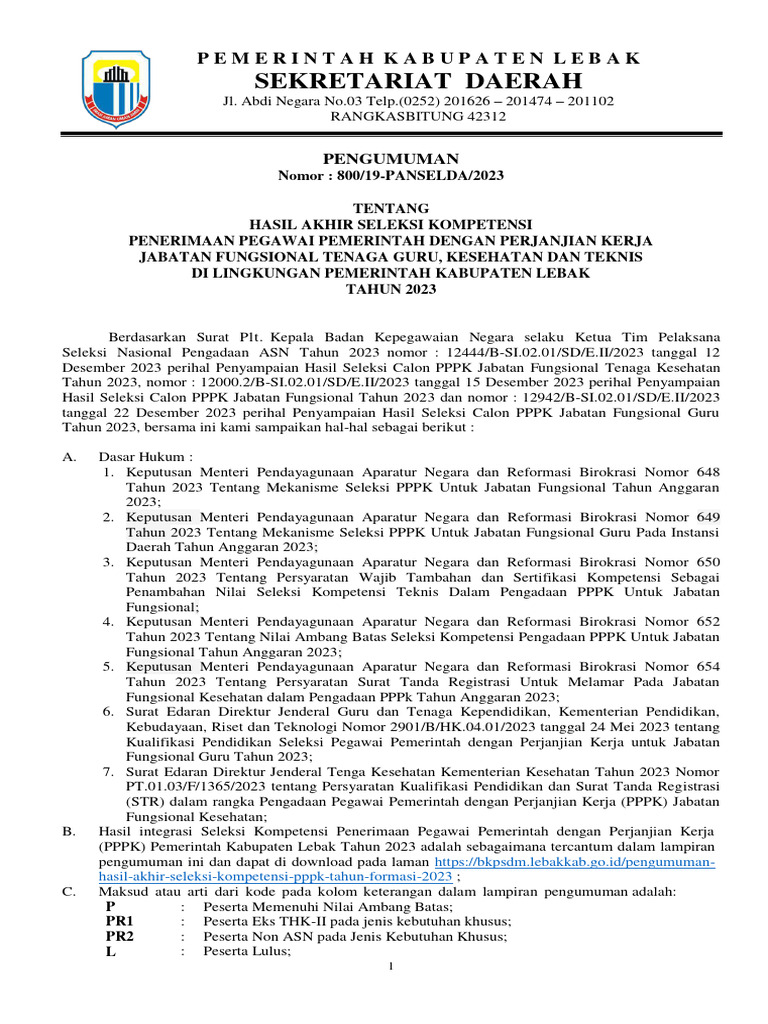Hasil Seleksi PPPK Kabupaten Lebak 2023 | PDF