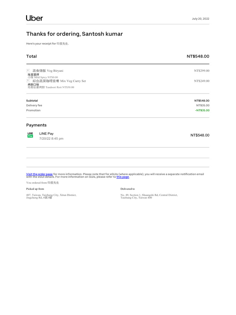 Uber Eats Receipt for Order NT$548 | PDF