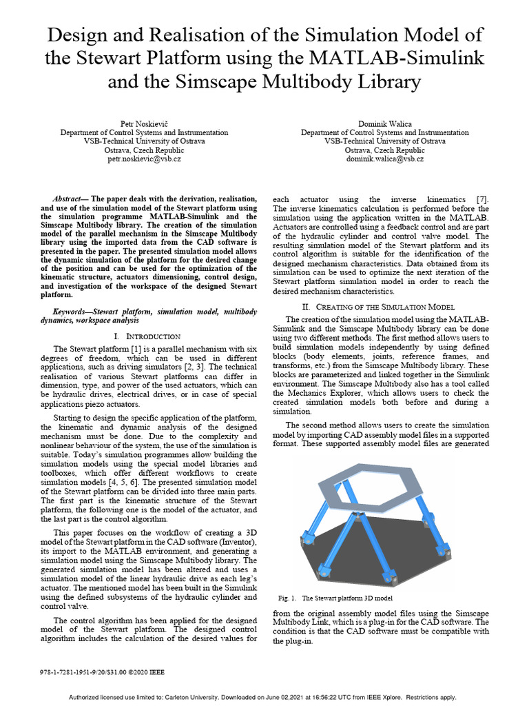 Stewart Platform Simulation in MATLAB | PDF | Simulation | Actuator