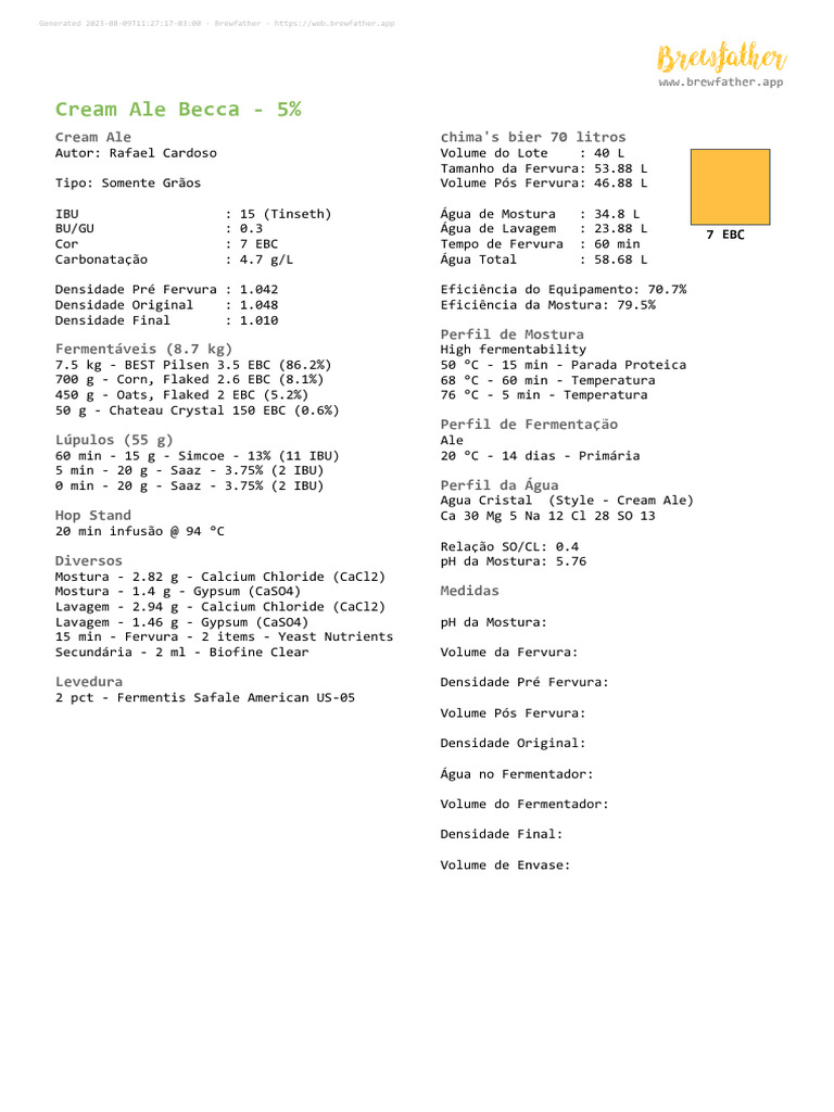 Brewfather CreamAleBecca 20230809 | PDF | Ale (cerveja) | Bebidas ...