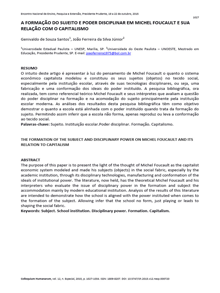 A Formação Do Sujeito e Poder Disciplinar em Michel Foucault e Sua ...