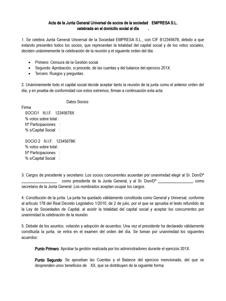 Acta Junta General EMPRESA S.L. | PDF | Gobierno