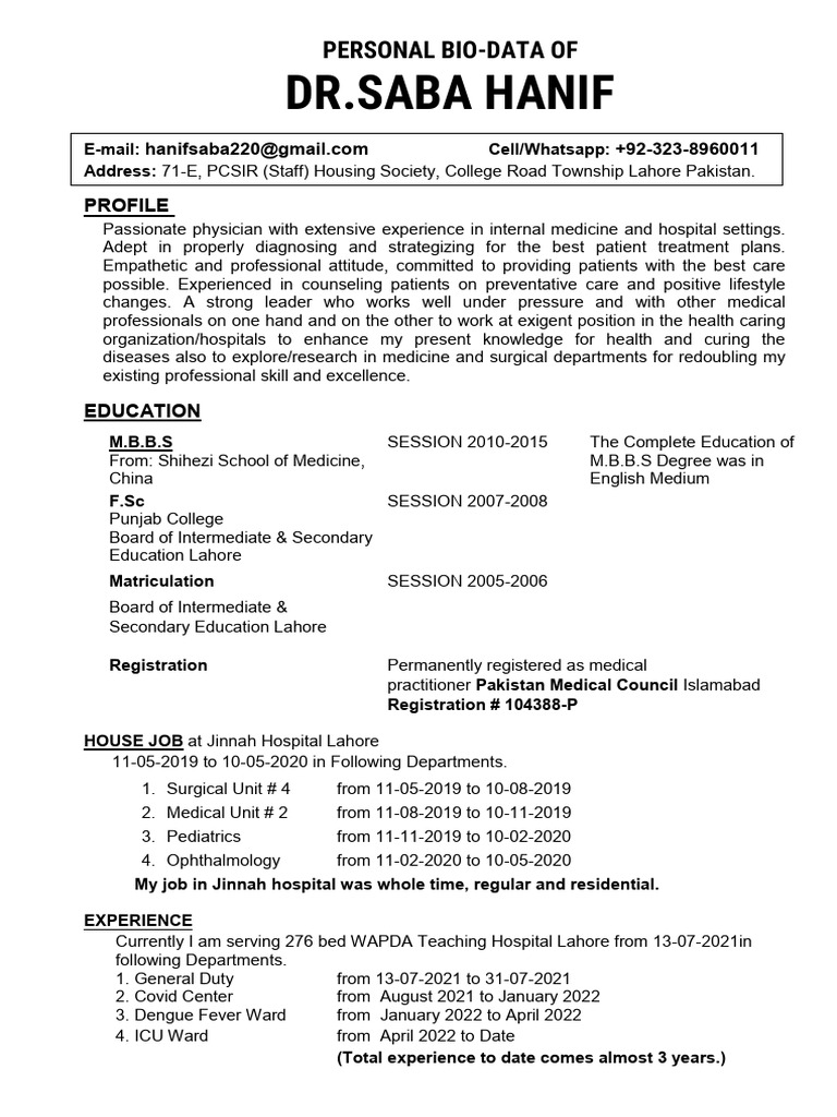 DR - Saba Hanif: Personal Bio-Data of | PDF | Intensive Care Medicine | Medical Specialties
