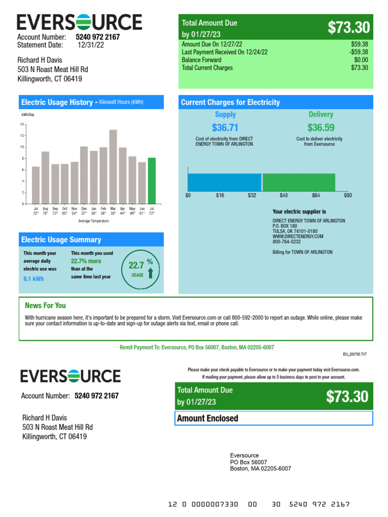 Sample Arlington Eversource Bill - Direct Energy | PDF | Power (Physics ...