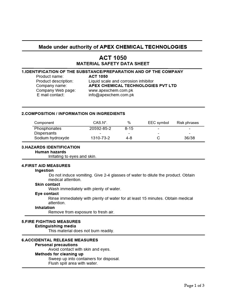 Act 1050 MSDS | PDF | Water | Hazards