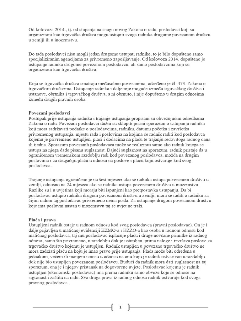 Ustupljeni Radnici - Zakon Čl. 473 Zakona o Trgovačkim Društvima, RH | PDF