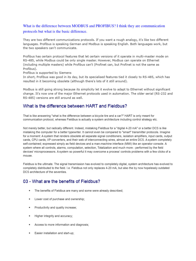 Difference Between MODBUS and PROFIBUS | PDF | Programmable Logic ...