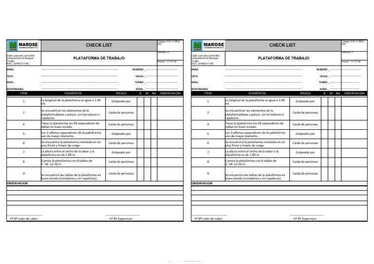 CHL-C-SEG-020 Check List Plataforma de Trabajo | PDF