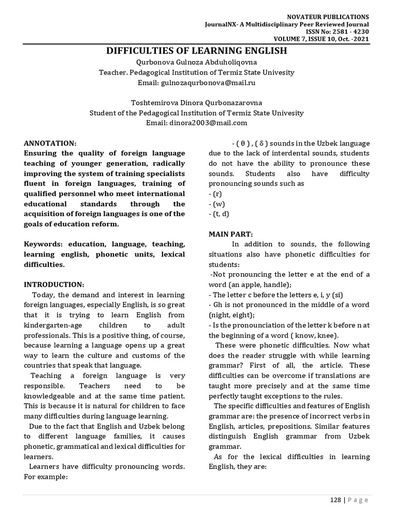 Difficulties of Learning English dc077df8 | Download Free PDF | English ...