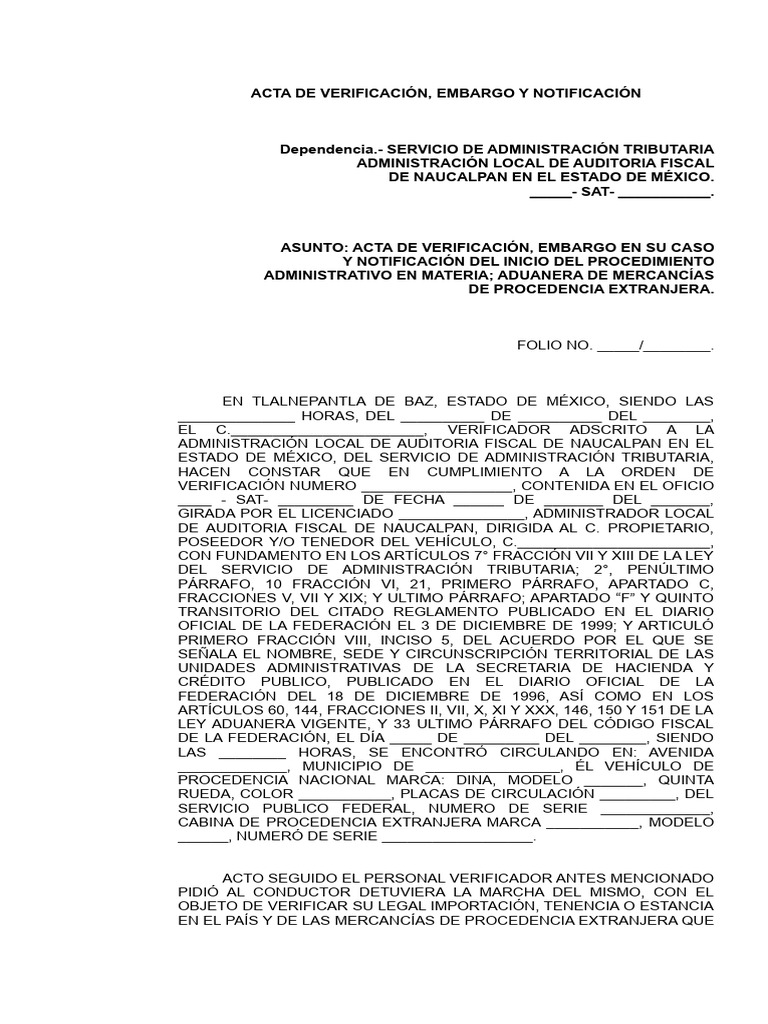 Acta de Verificación, Embargo y Notificación | PDF | Gobernancia | Gobierno