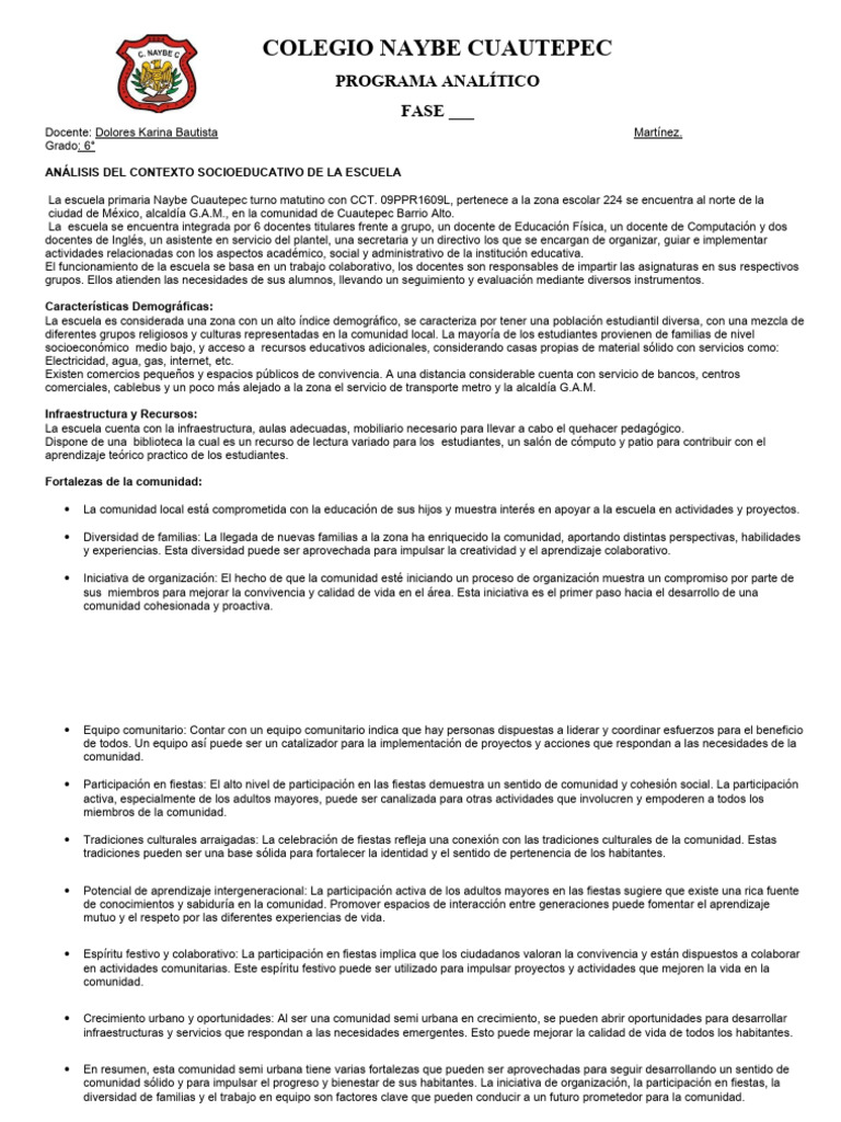 Programa Analítico 6° Kary 2024.% Revisión. | PDF