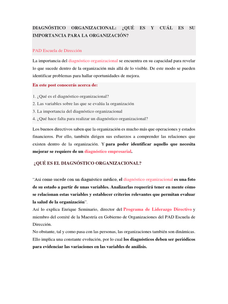 Lectura 8 Diagnóstico Organizacional | PDF | Toma de decisiones | Liderazgo