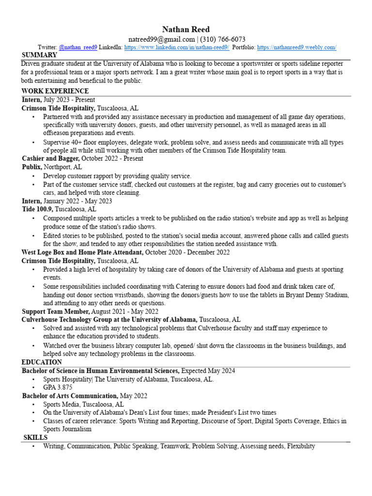 nathan reed resume docx f | PDF | University Of Alabama | Communication