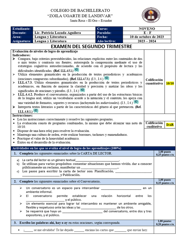 Examen Segundo Trimestre Noveno | PDF | Evaluación | Aprendizaje