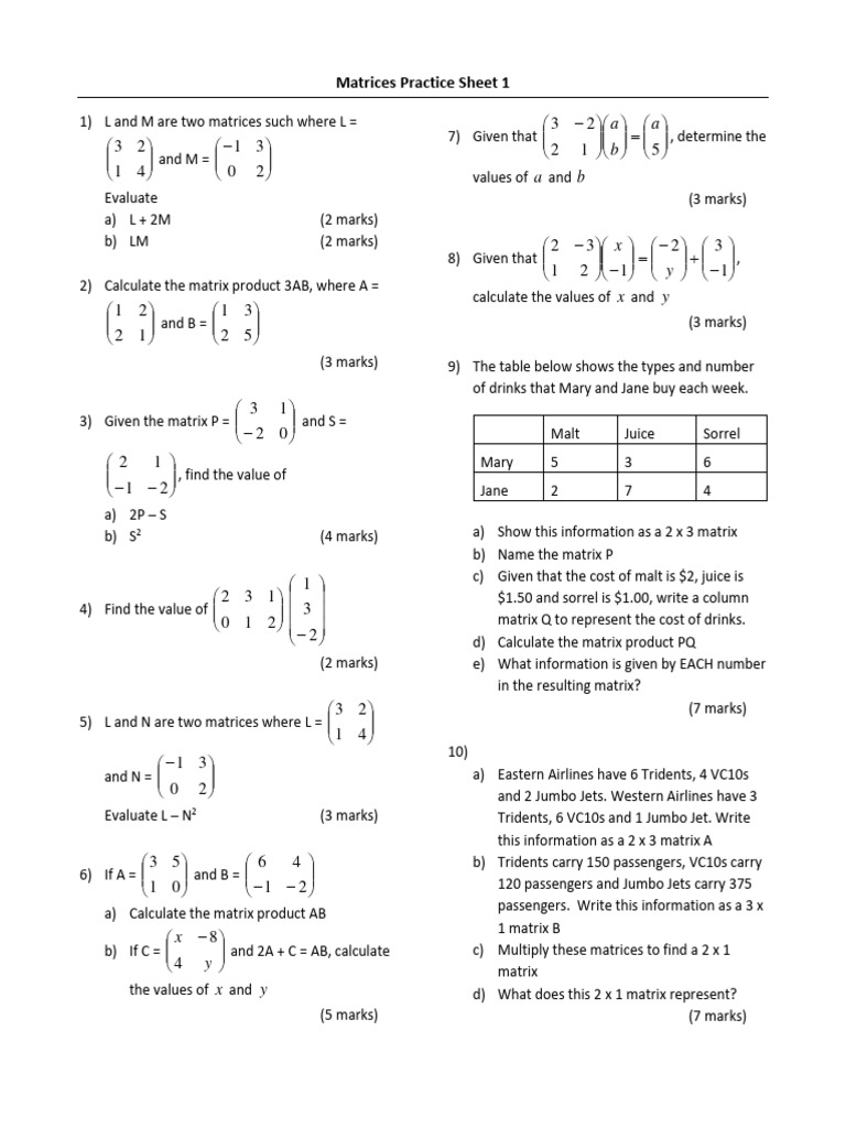 CSEC Matrices Worksheet | PDF | Matrix (Mathematics) | Mathematical Relations