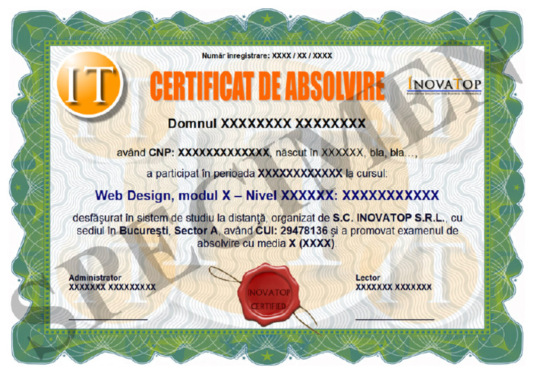 Specimen Certificat Diploma Absolvire Cursuri Distanta Inovatop | PDF