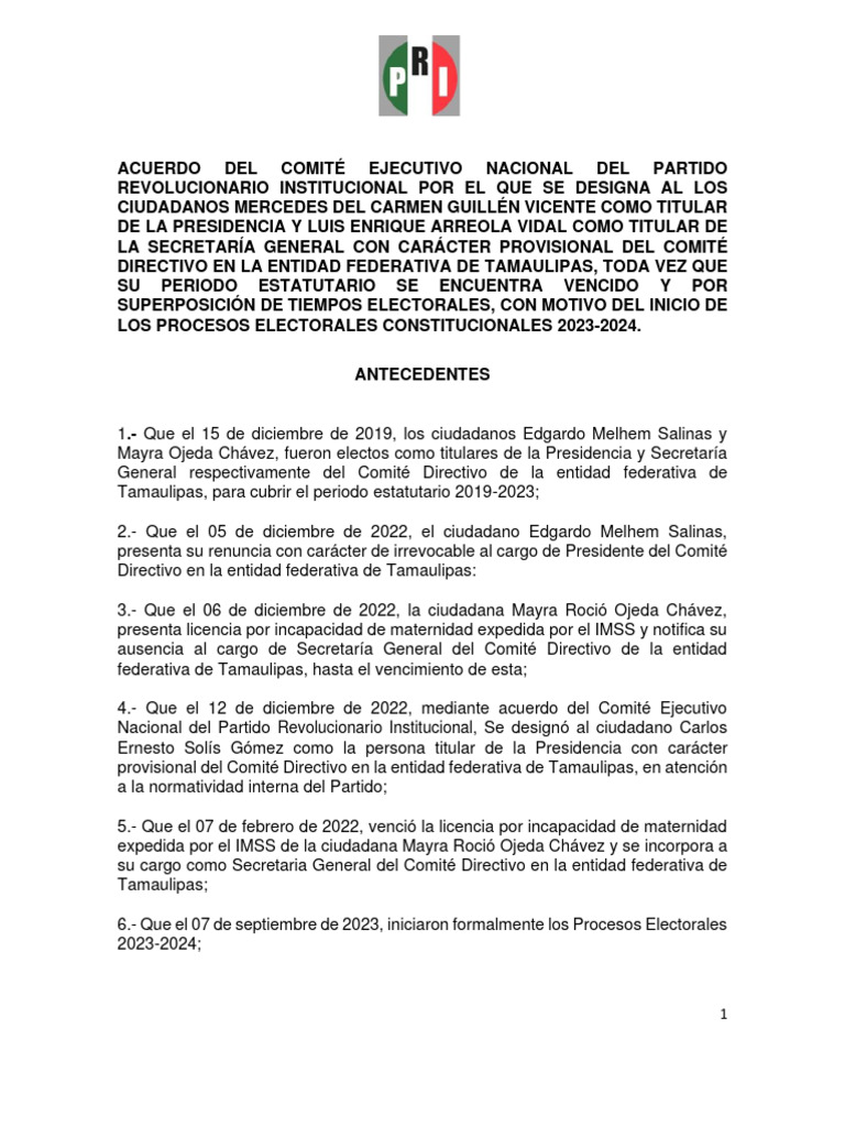 Acuerdo Designación Pte Y Sria General Provisional Tamaulipas 16 12 2023 Descargar Gratis Pdf