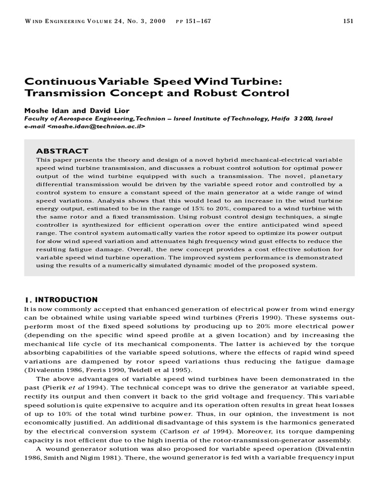 Continuous Variable Speed Wind Turbine: Transmission Concept and Robust ...