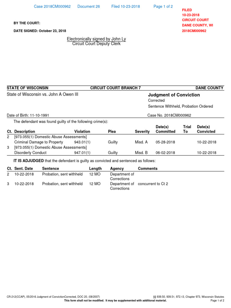 Wisconsin Judgment of Conviction 2018 | PDF | Wisconsin Circuit Courts ...