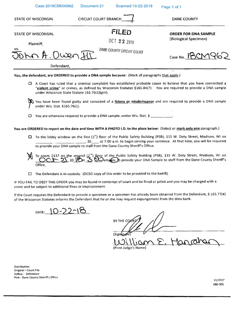 John Arthur Owen III ORDER FOR DNA SAMPLE | PDF | Wisconsin Circuit ...