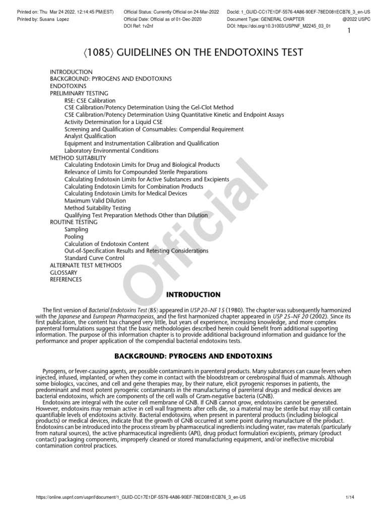 1085 Guideline On Endotoxins USP Lectura Clase 3 | PDF
