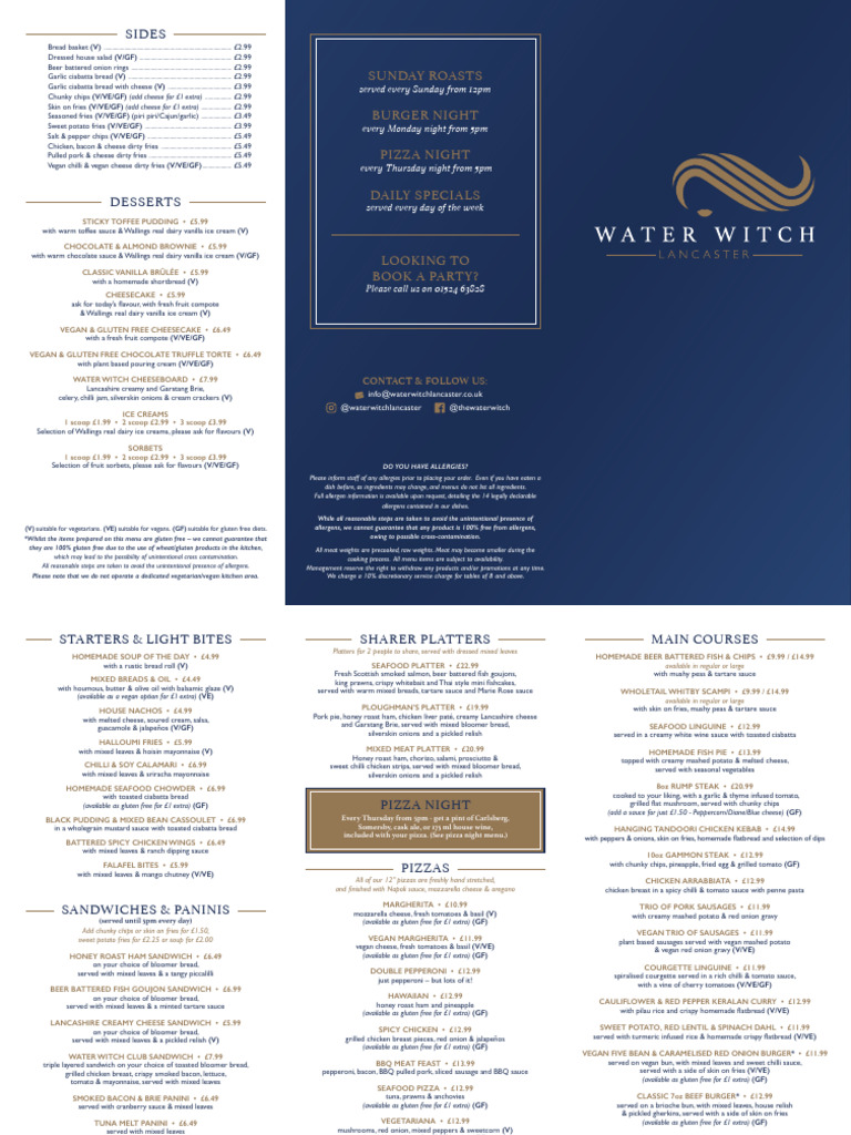 Water Witch Menu Overview | PDF | Sausage | Tomato Sauce