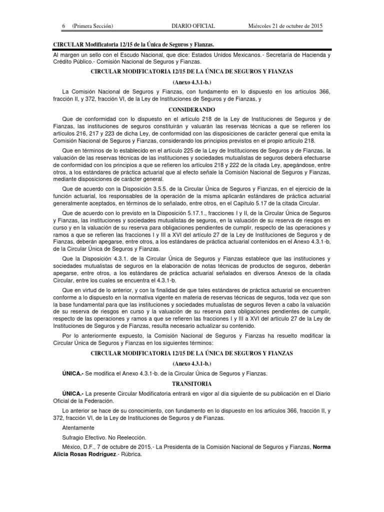 CIRCULAR Modificatoria 12-15 de La Nica de Seguros y Fianzas. Anexo 4.3.1-b. | PDF | Actuario ...
