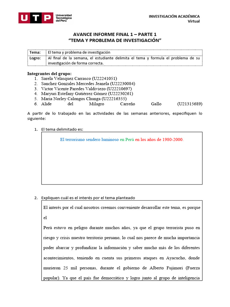 Semana 03-Formato Avance de Informe Final 1 - Parte 1 Tema y Problema de Investigación | PDF ...