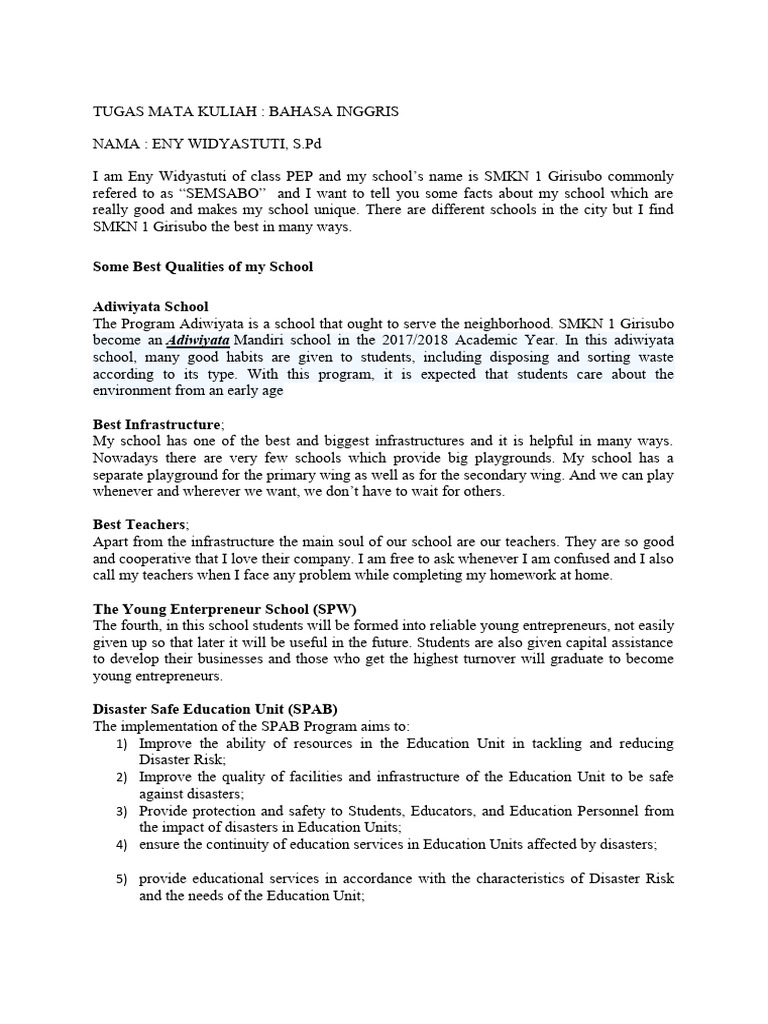 The Uniqueness of My School - Tugas Bahasa Inggris | PDF | Economies