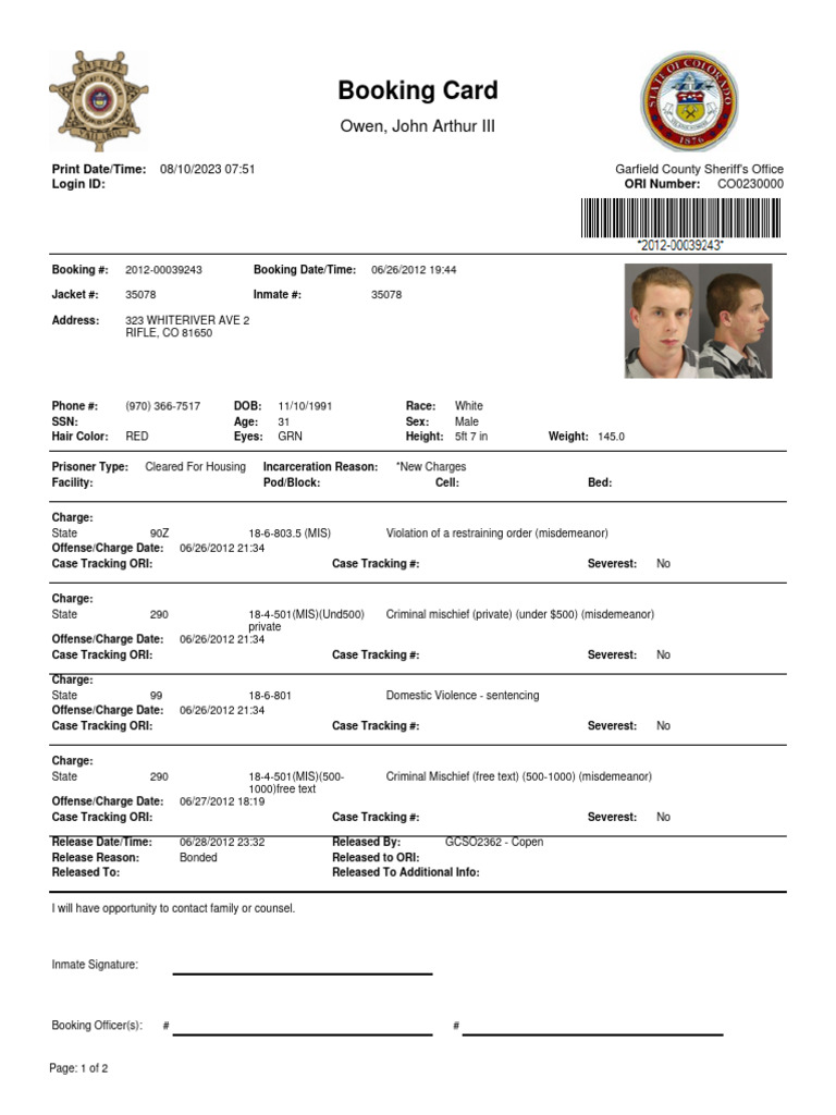 John Arthur Owen III BOOKING SHEET, RIFILE, COLORADO POLICE DEPARTMENT ...