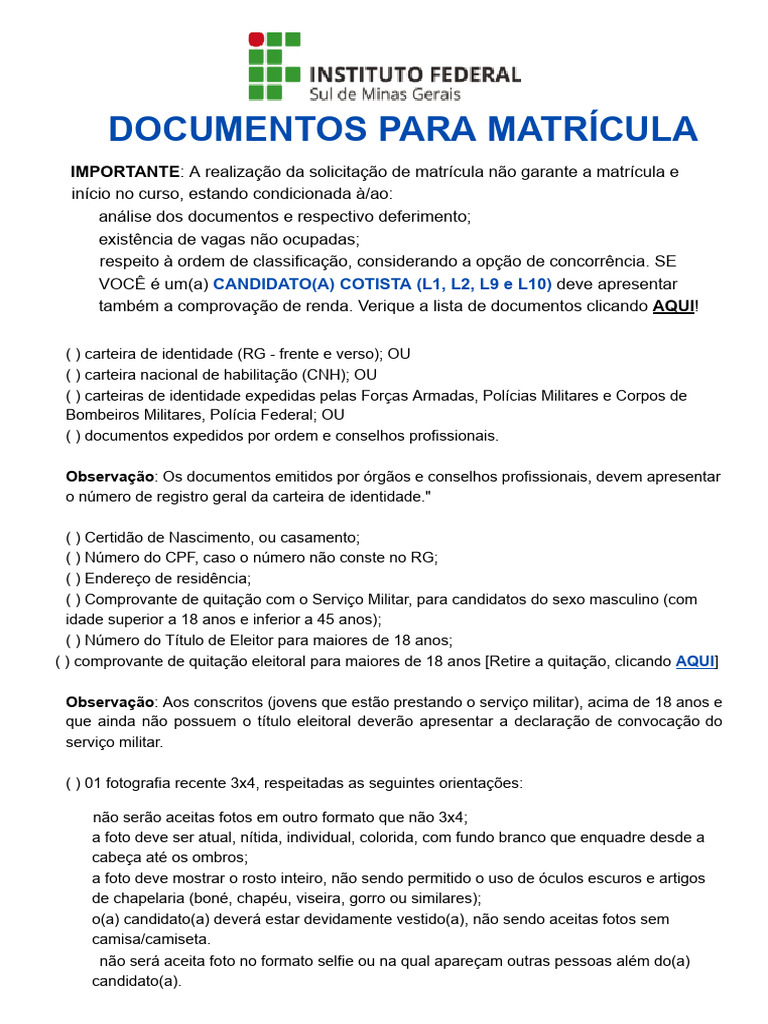 Documentos para Matrícula - Vestibular 2024 | PDF