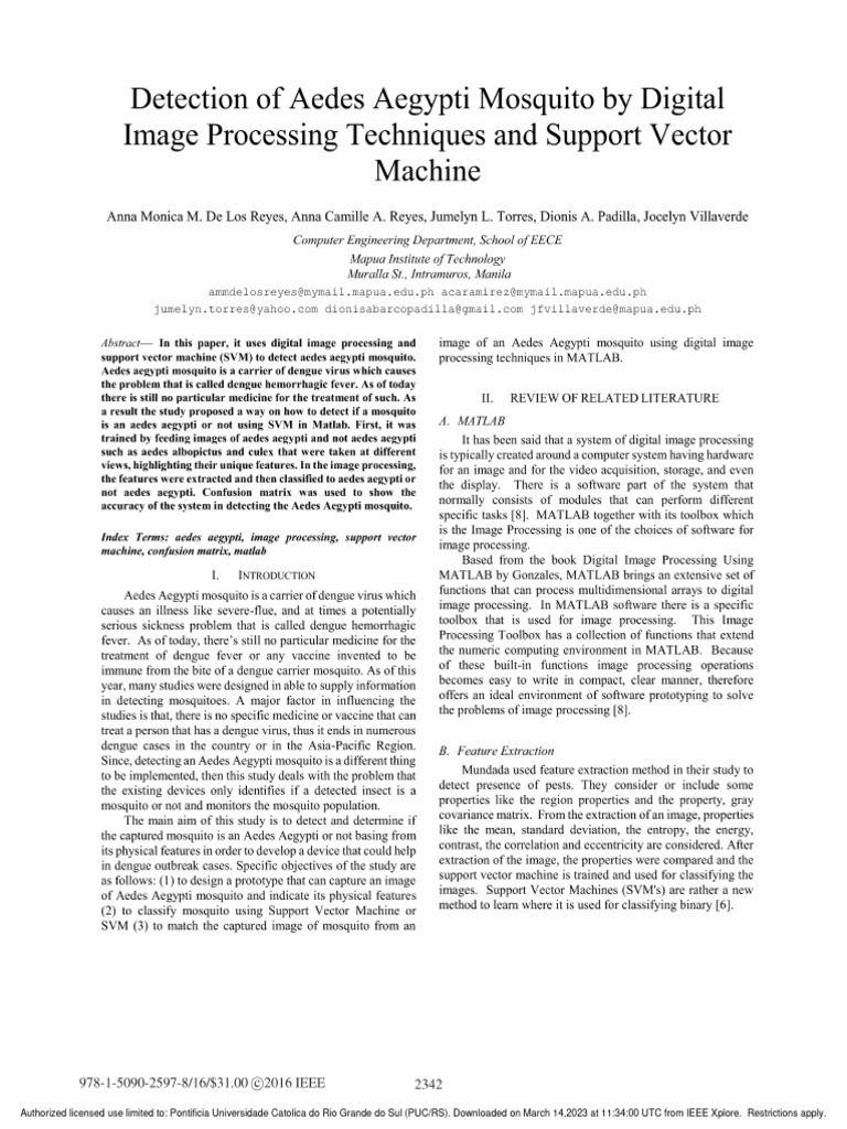 Detection of Aedes Aegypti Mosquito by Digital Image Processing Techniques and Support Vector ...