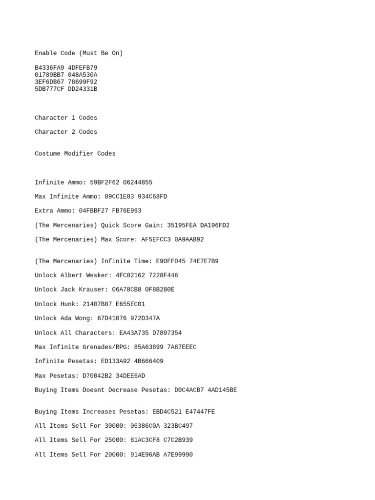 Resident Evil 4 Codebreaker Codes (NTSC-U) | PDF