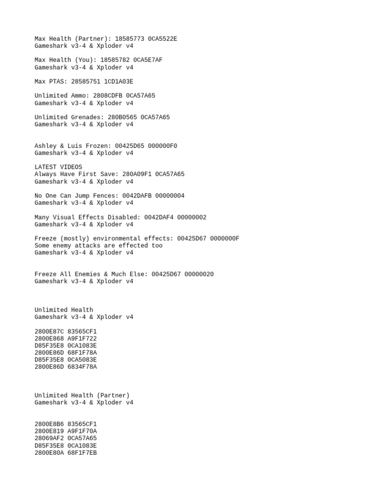 Resident Evil 4 Gameshark Codes (NTSC-U) | PDF