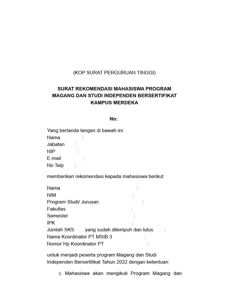 (Format) Surat Rekomendasi PT Untuk Mahasiswa Program MSIB Angkatan 3 | PDF