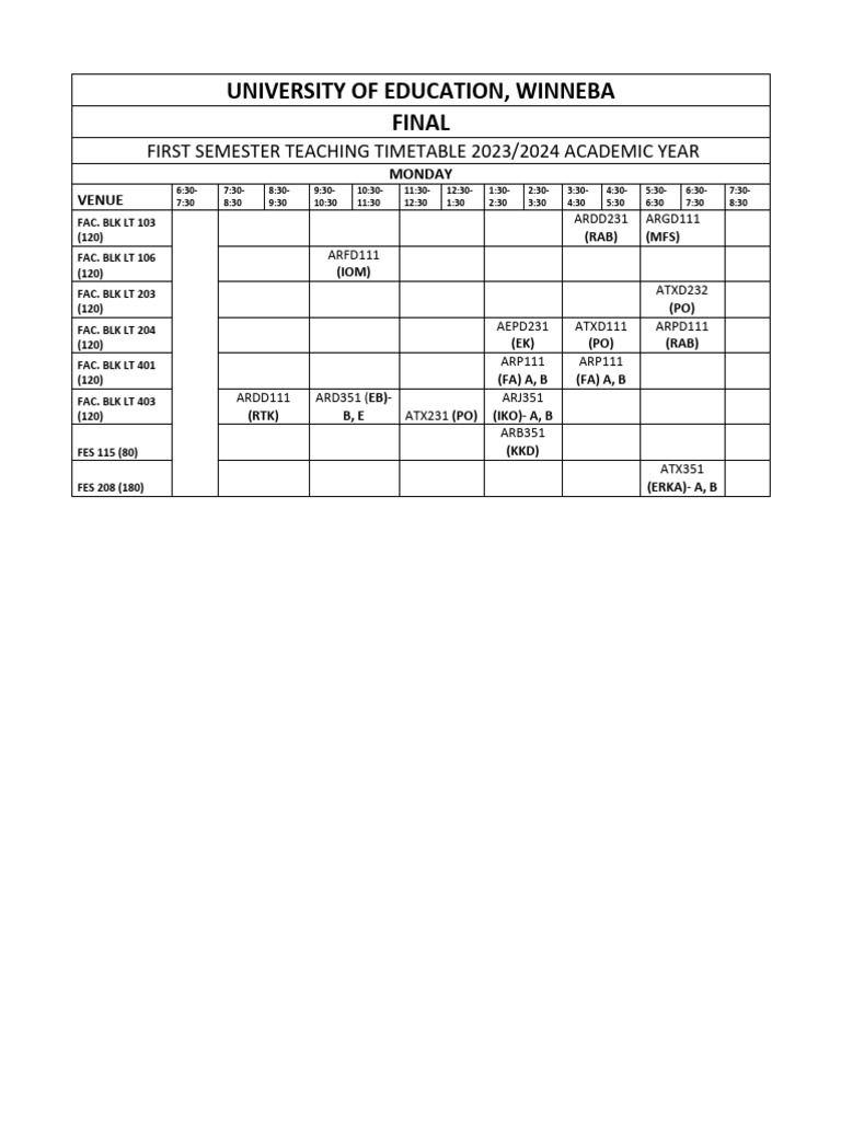 First Semester Teaching Timetable 2023-2024 Academic Year | PDF
