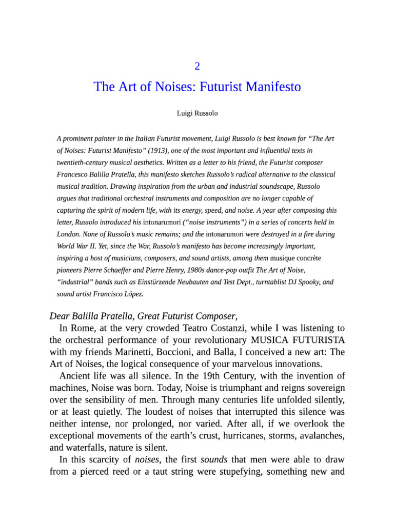 Luigi RUSSOLO (1913), The Art of Noises - Futurist Manifesto | PDF
