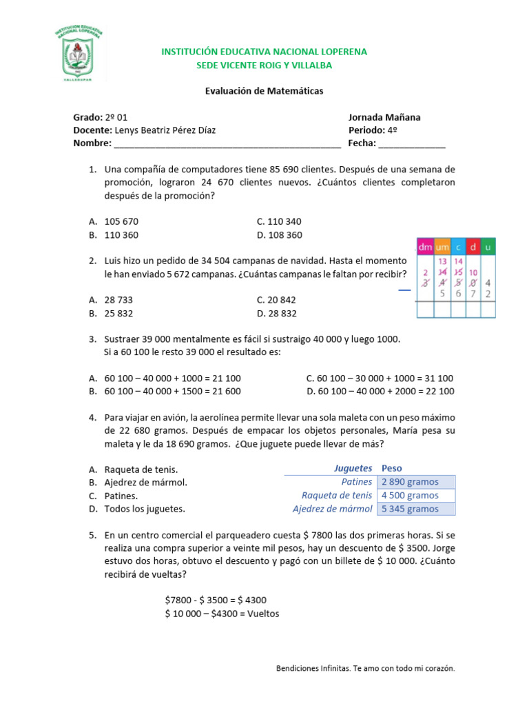 Evaluación de Matemáticas 4to Periodo | PDF | Multiplicación | Aritmética