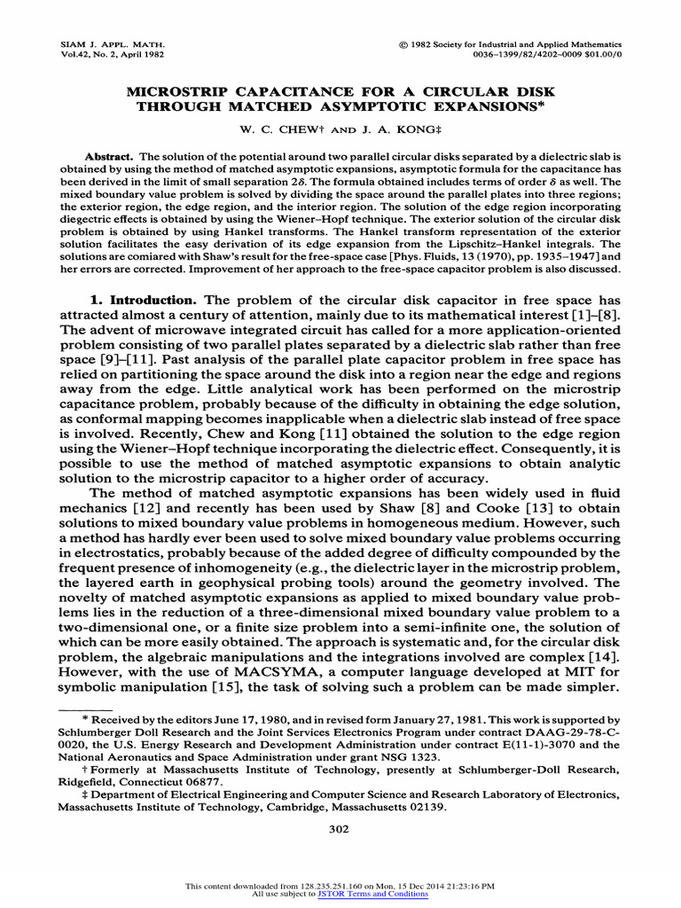 Chew, Kong, Microstrip Capacitance For A Circular Disk Through Matched ...