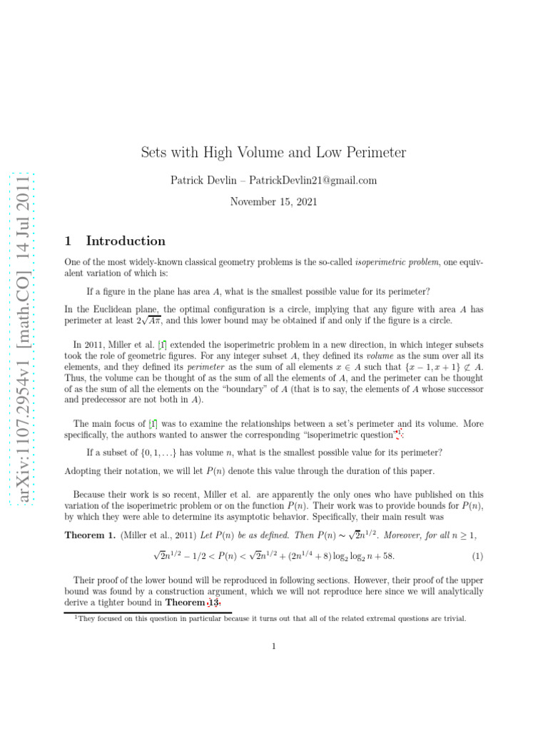 Integer Sets: Volume vs. Perimeter | PDF | Recurrence Relation | Area