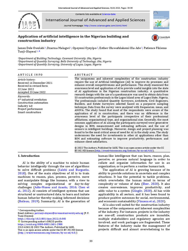 Application of Artificial Intelligence in The Nigerian Building ...