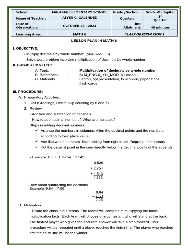 Cot1 Math Lesson Plan | PDF | Numbers | Multiplication