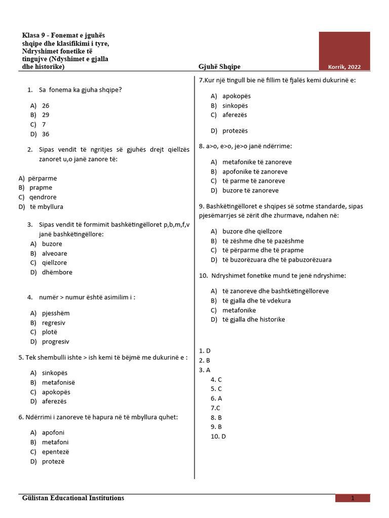 Pyetje Per Klasen e 9 | PDF