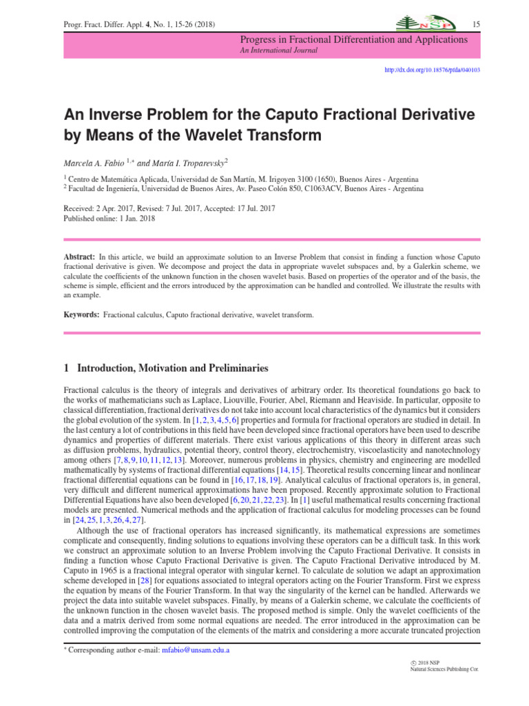 An Inverse Problem For The Caputo Fractional Derivative by Means of The Wavelet Transform | PDF ...