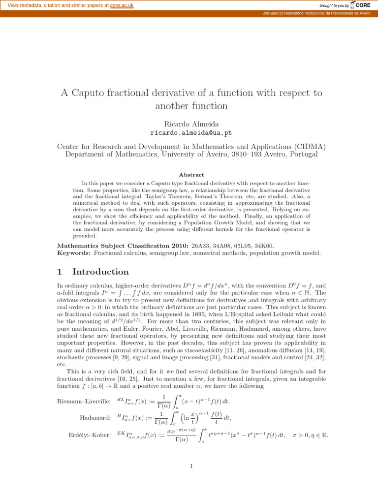 A Caputo Fractional Derivative of A Function With Respect To Another Function | PDF ...