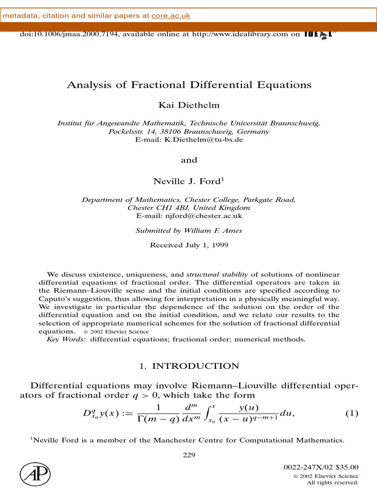 Analysis Of Fractional Differential Equations Kai Diethelm Pdf