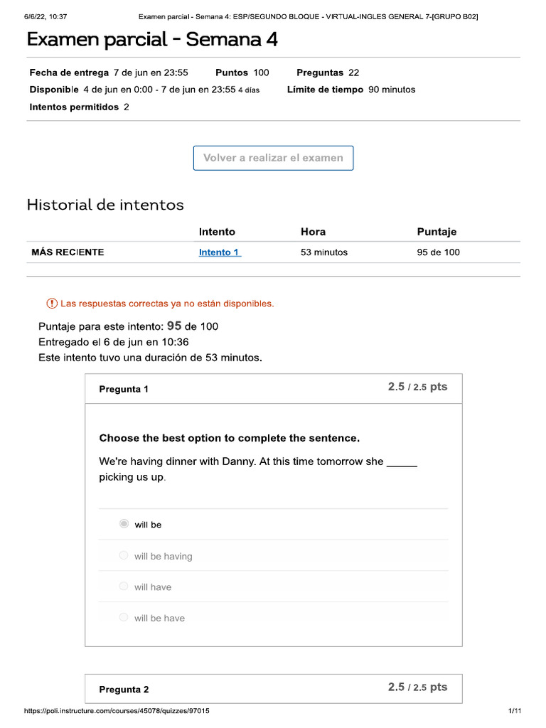 Examen Parcial - Semana 4 - Esp - Segundo ... - Virtual-Ingles General 7 - (Grupo b02) | PDF