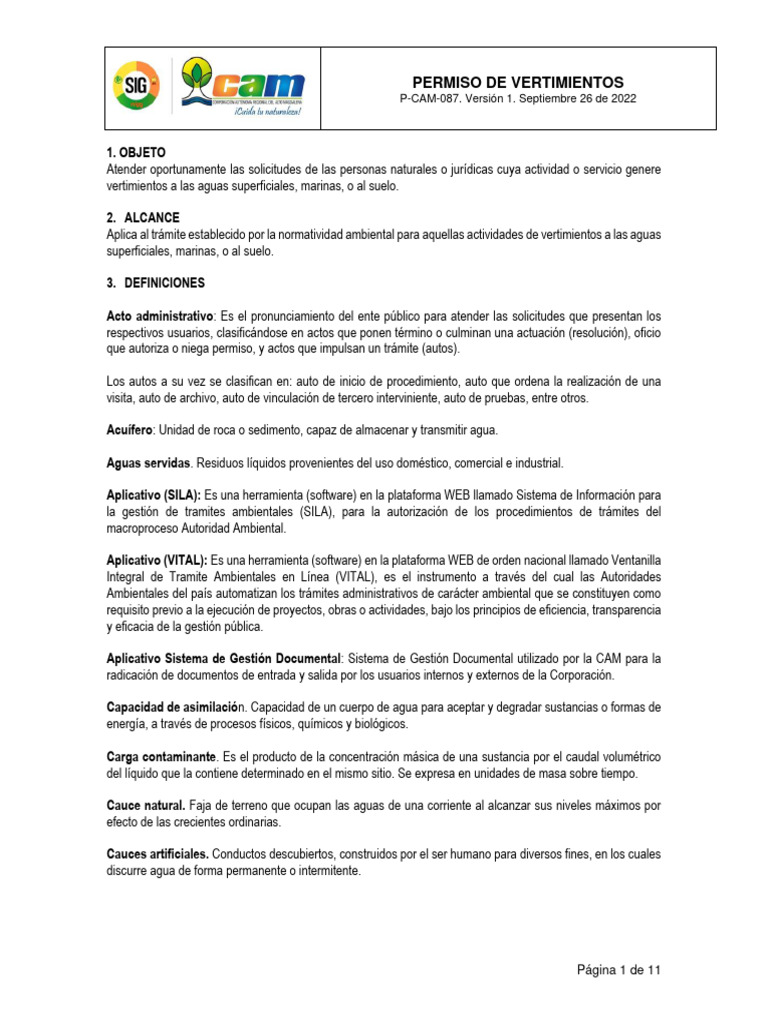 P-Cam-087 Permiso de Vertimientos v1 | PDF | Agua | Tratamiento de aguas residuales