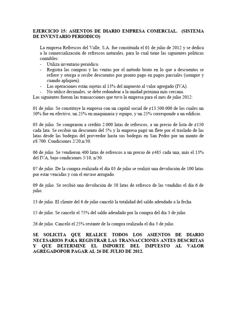 Ejercicios Empresa Comercial Con Iva | PDF | Contabilidad | Impuesto al valor agregado